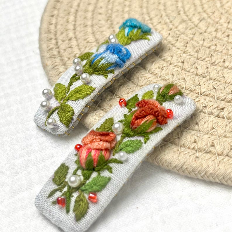 Hand Embroidered Floral Linen Hair Clip, French Embroidered Snap ...