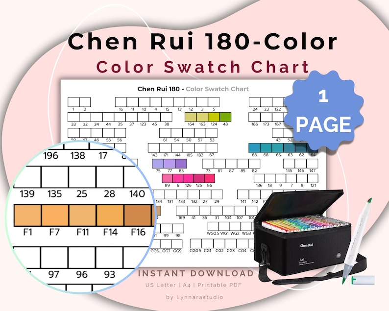 Chen Rui 180 Marker Swatch Chart: Printable Color Chart (A4/US Letter ...