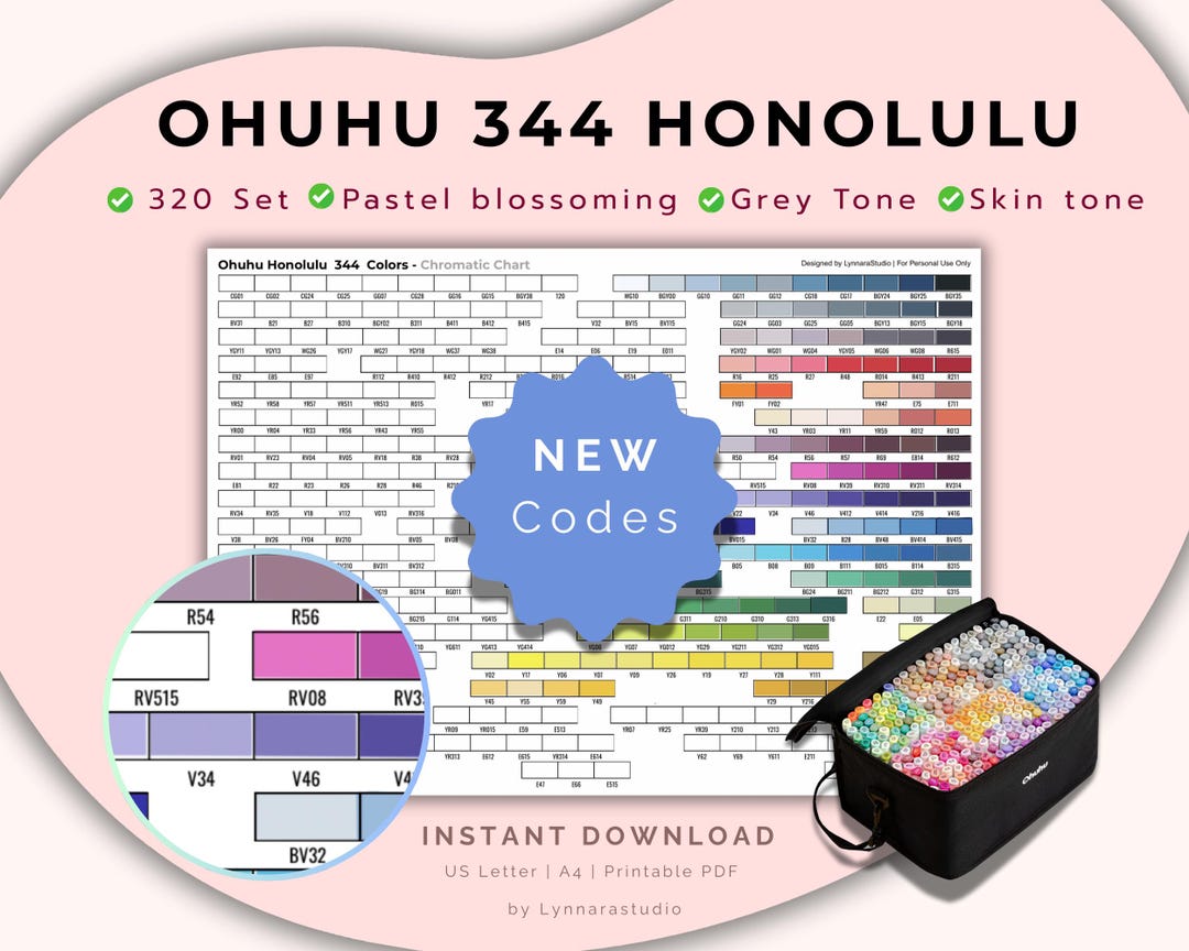 Ohuhu 344 Marker Chart: New Code, Honolulu Set Chromatic Color ...