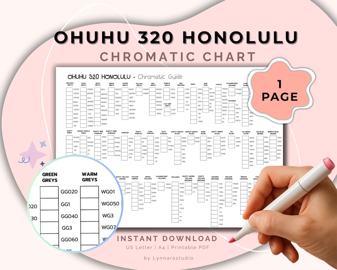 Ohuhu 320 Honolulu Marker Chart | Printable Color Swatch Sheet ...