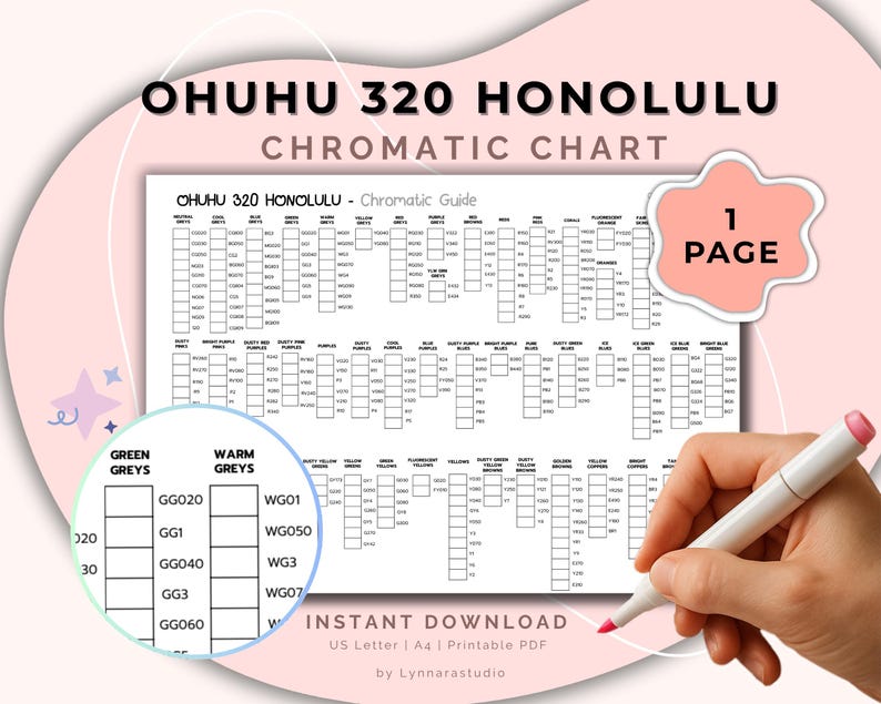 Ohuhu 320 Honolulu Marker Chart | Printable Color Swatch Sheet ...