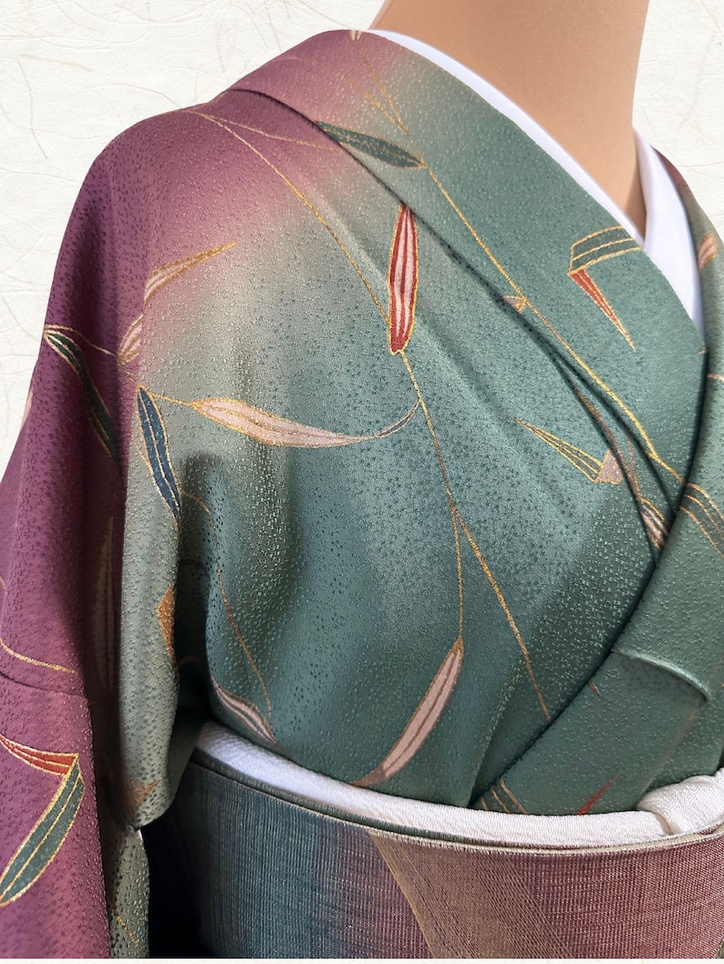 Vintage Japanese Silk Tsukesage Kimono – Bamboo Leaf Motifs With ...
