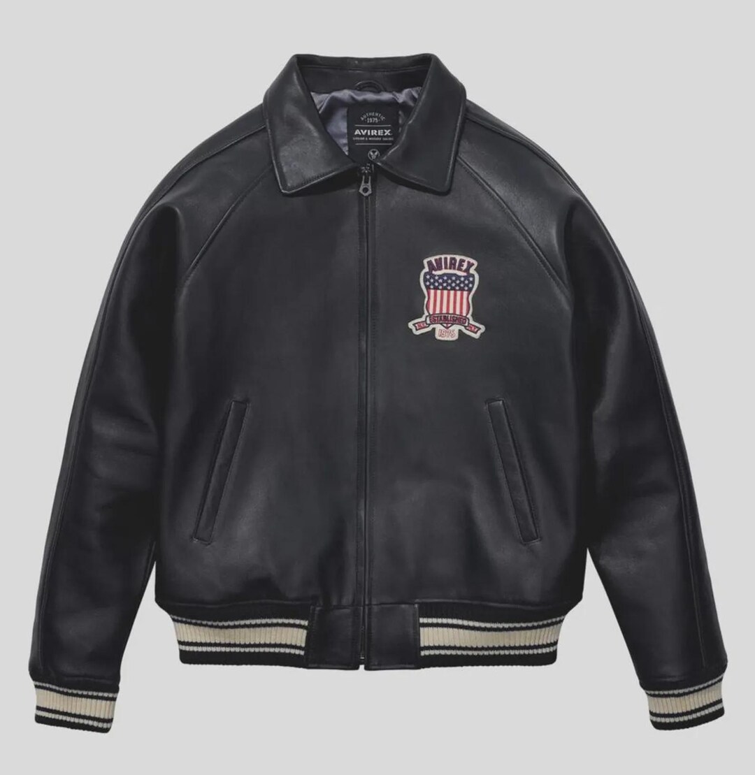 AVIREX USA Edition Black Leather Bomber Jacket, Genuine Cow Hide ...