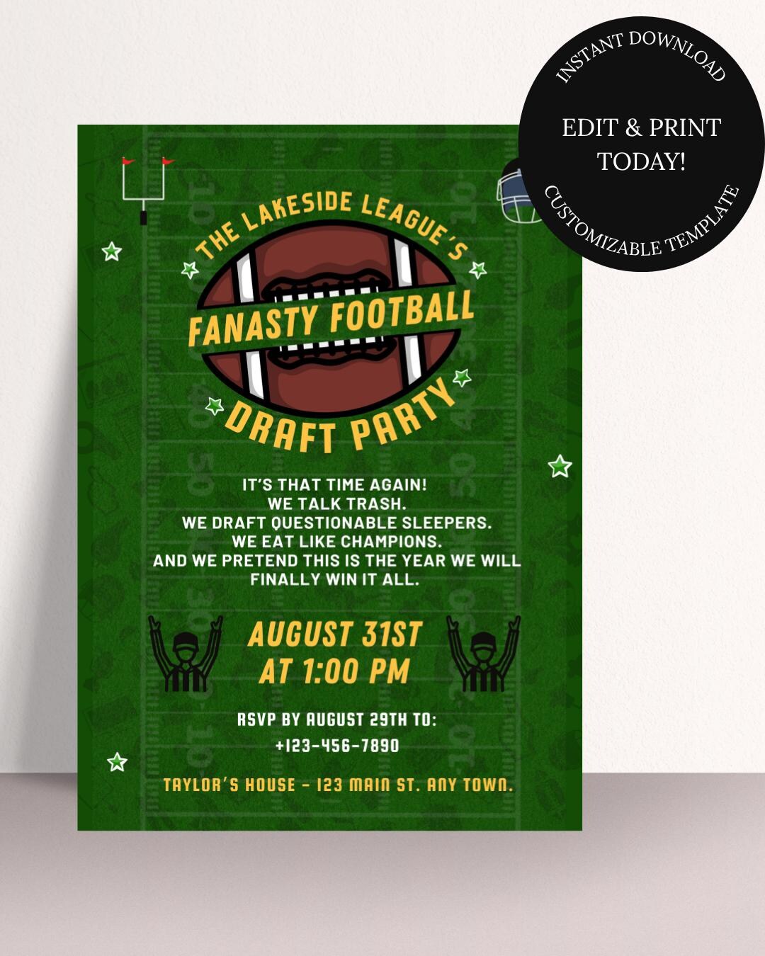 Editable Fantasy Football Draft Party Invitation Canva Template ...