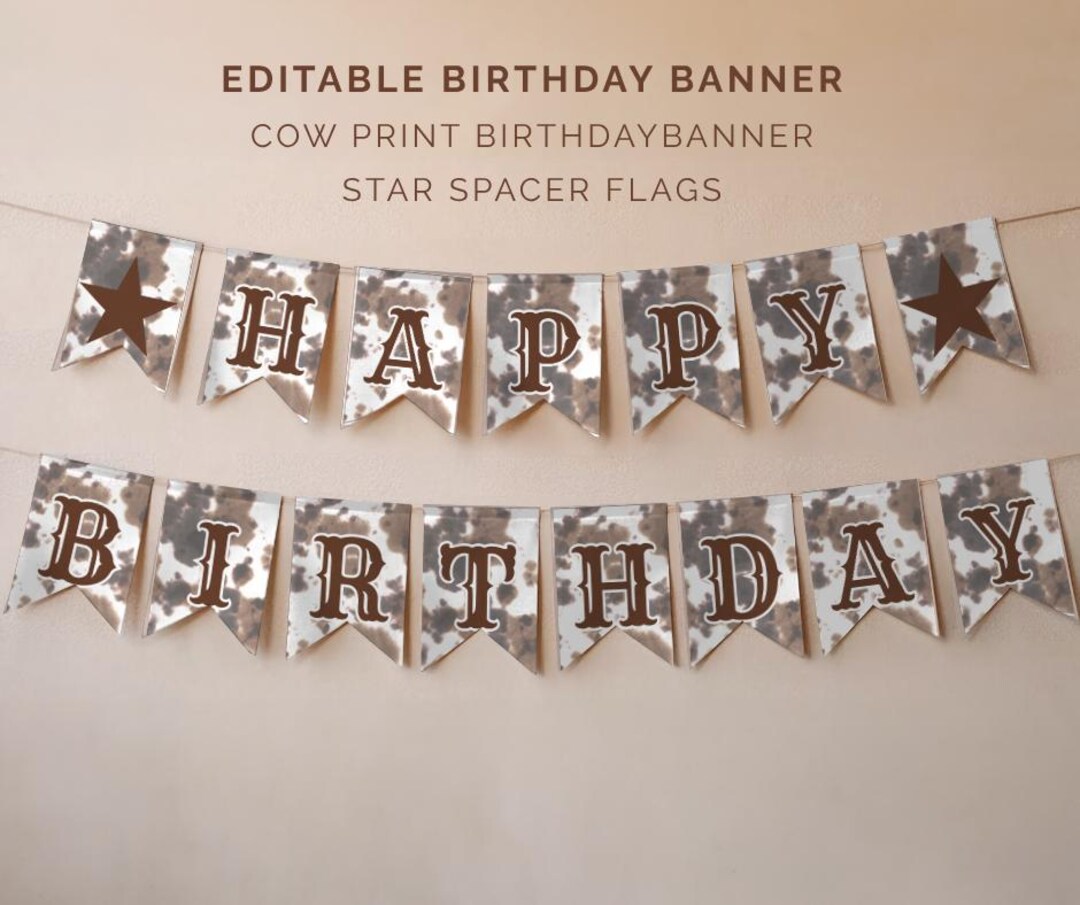 Editable Cow Print Birthday Banner Printable Western Party Decor Rodeo ...