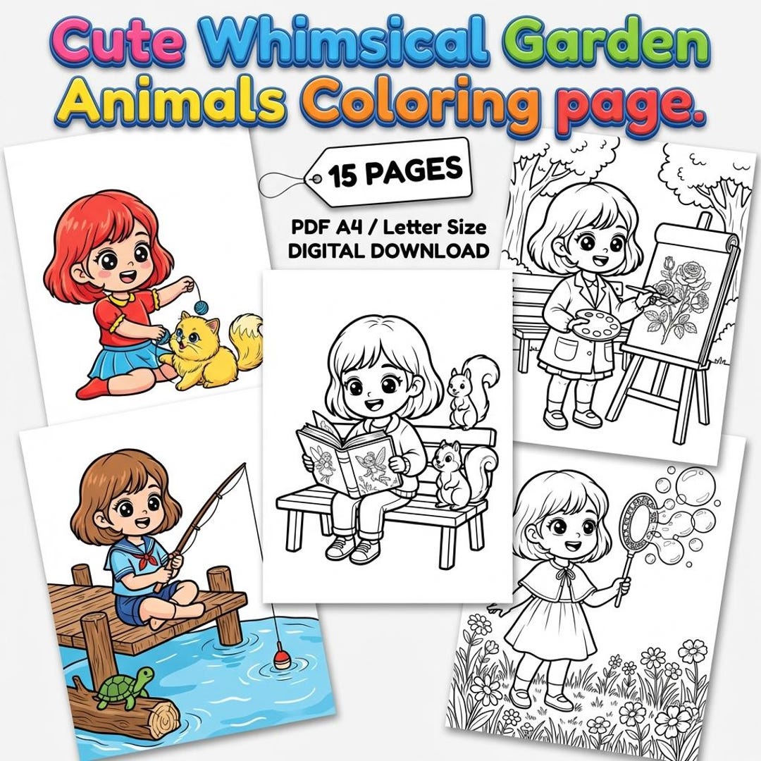 Cute Whimsical Garden Animals Coloring Book, Printable Forest Friends ...