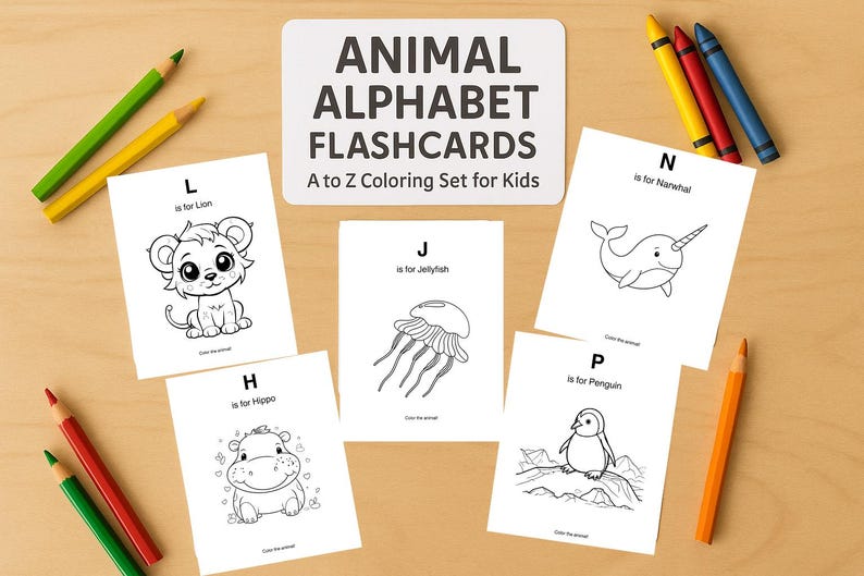 Animal Alphabet Flashcards – A to Z Coloring Cards for Kids – Printable ...