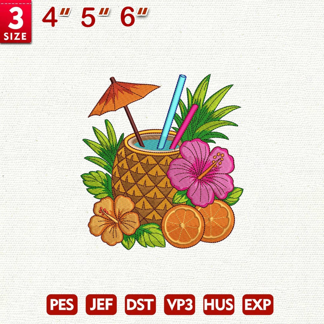 Tropical Drink Embroidery Design, Pineapple Cocktail With Hibiscus ...