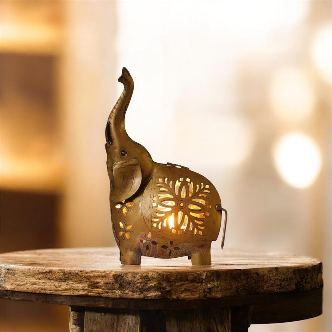 Majestic Golden Metal Elephant Lantern - Filigree Tea Light Candle ...