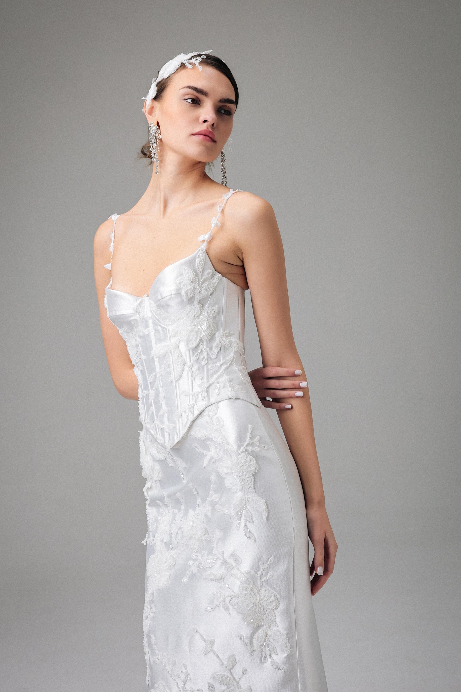 Midi Wedding Dress, Column Corset, Lace Appliqué Straps, Civil Ceremony ...