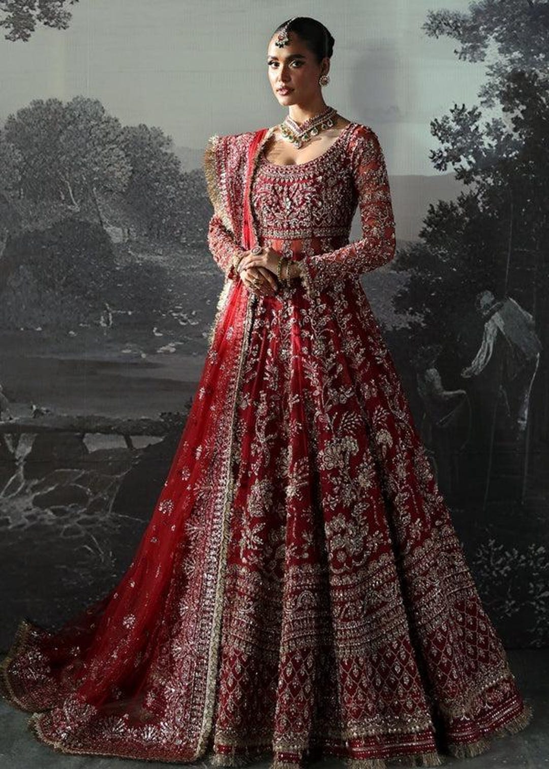 Blood Red Pakistani Designer Hand Embellished Long Pishwas | Bridal ...
