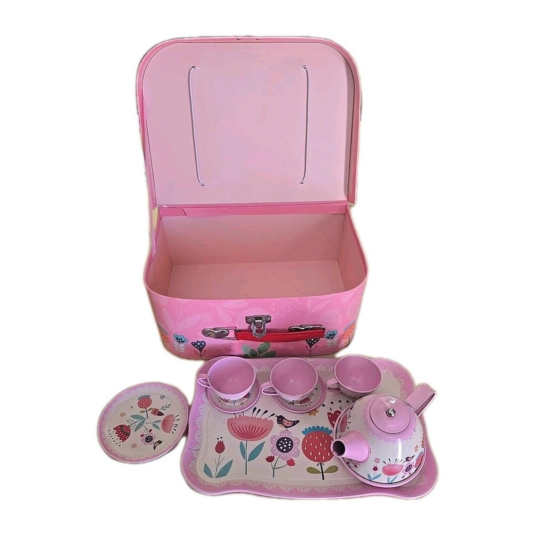 D-fantix Pink Kids Tin Tea Time Party Set With Metal Teapots and Carry ...