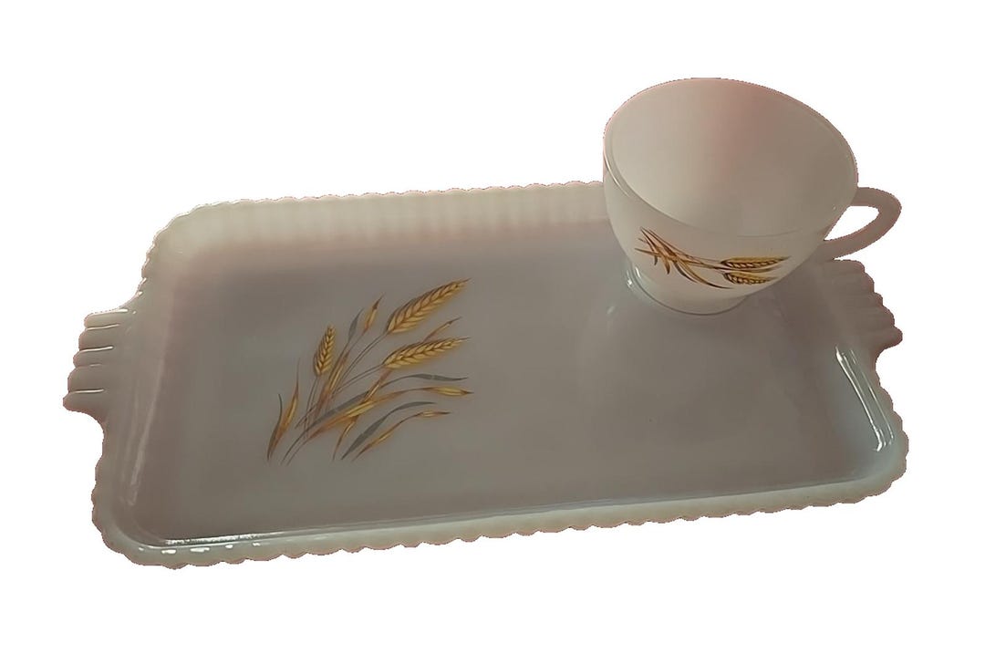 Vintage Fire King Anchor Hocking Wheat Pattern Milk Glass Cup & Serving ...