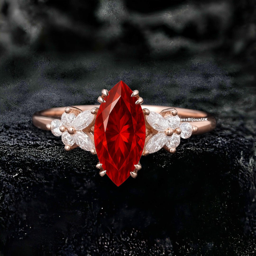 Vintage Inspired Rose Gold Ruby Ring: Marquise Moissanite Bridal Set - Etsy