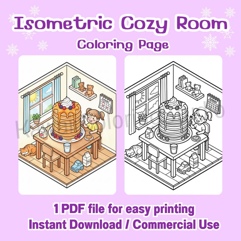 Isometric Cozy Room Coloring Pages Printable Interior Scenes PDF ...