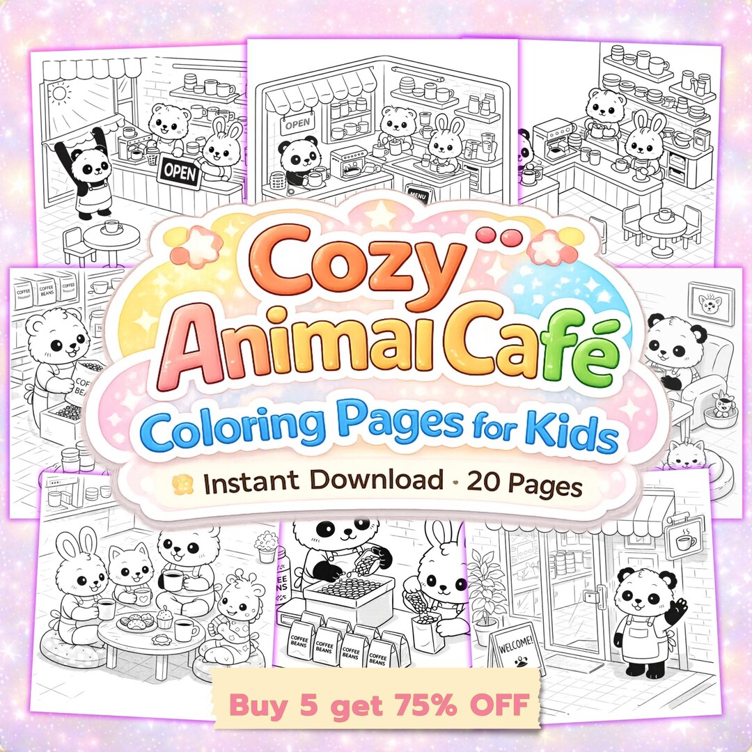 Kawaii Animal Cafe Coloring Pages Kids 20 Printable Designs PDF Digital ...