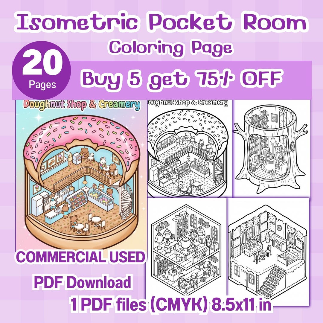 Isometric Pocket Room Coloring Pages for Adults, Cute Bakery & Cozy ...