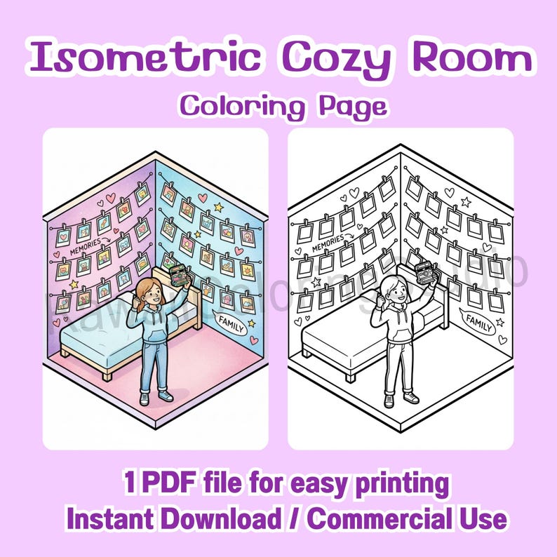 Isometric Cozy Room Coloring Pages Printable Interior Scenes PDF ...