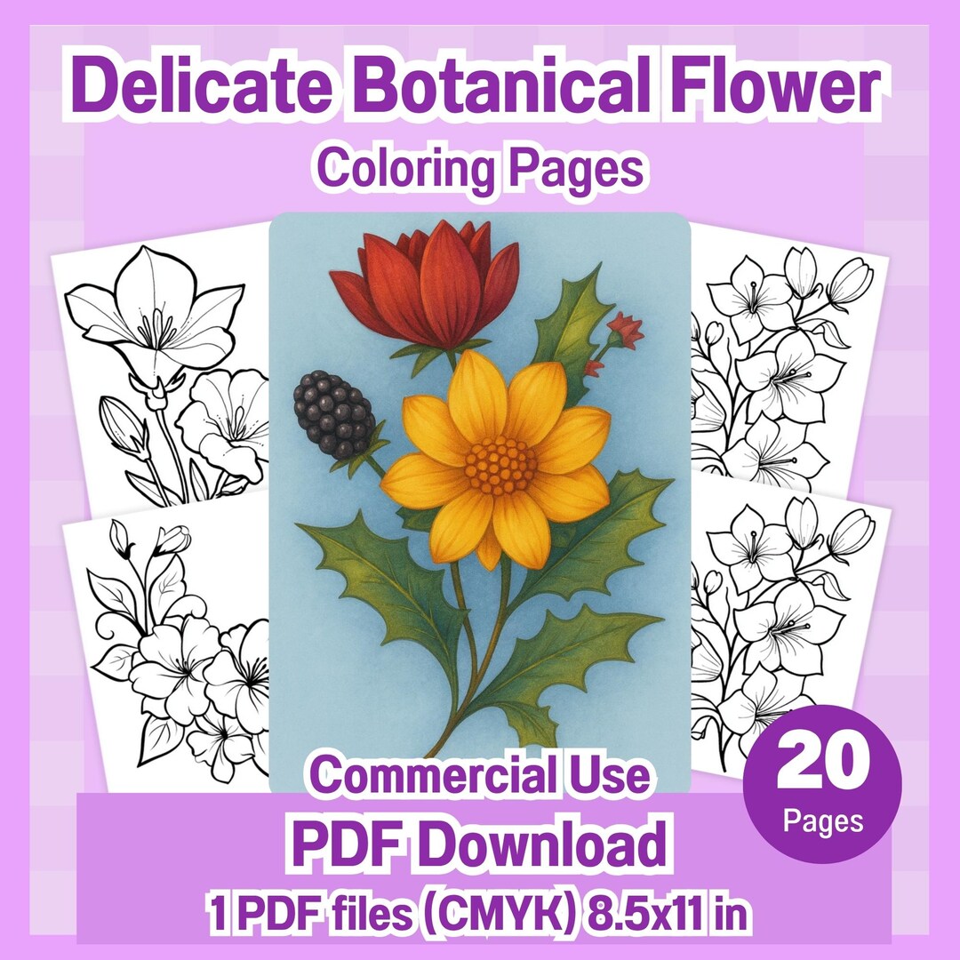 Delicate Botanical Flower Coloring Pages Printable PDF Instant Download ...