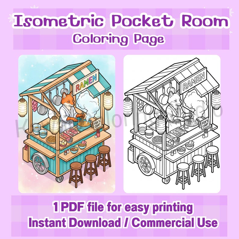 Isometric Pocket Room Coloring Pages for Adults, Whimsical Tiny Shops ...