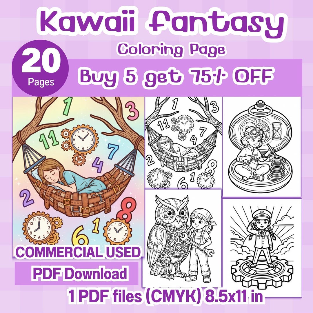 Kawaii Fantasy Girl Coloring Pages Bundle | Cute Magical Adventure ...