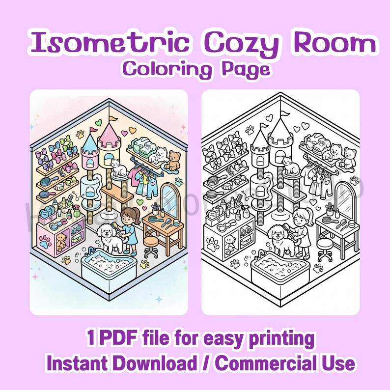 Isometric Cozy Room Coloring Pages Printable Interior Scenes PDF ...