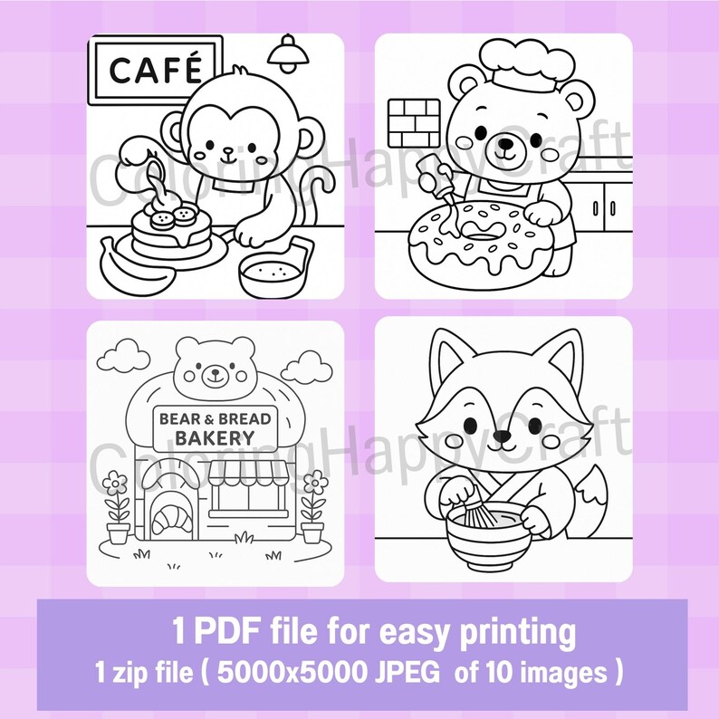 Animal Cafe Coloring Pages | Kids Printable Activity Book PDF | Digital ...