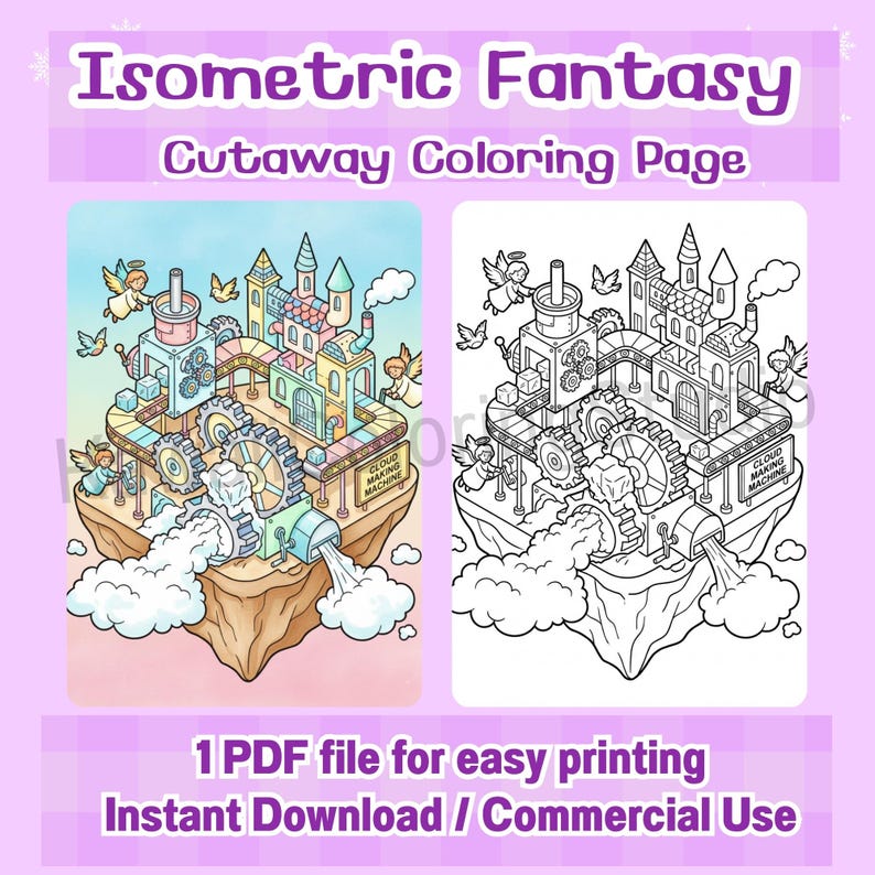 Isometric Fantasy Cutaway Coloring Pages for Adults | Detailed ...