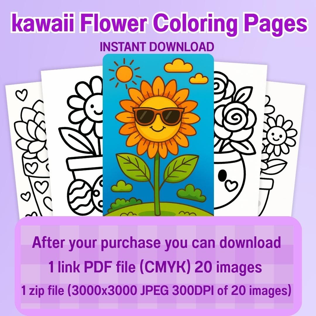 Kawaii Flower Coloring Pages for Kids , 20 Cute Printable Floral PDF ...