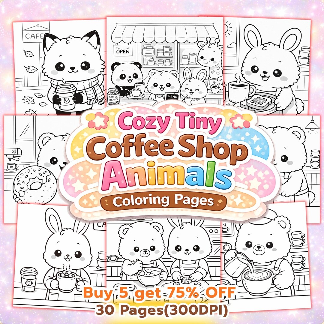 Kawaii Cafe Animals Coloring Pages Kids Printable PDF Activity Book 30 ...