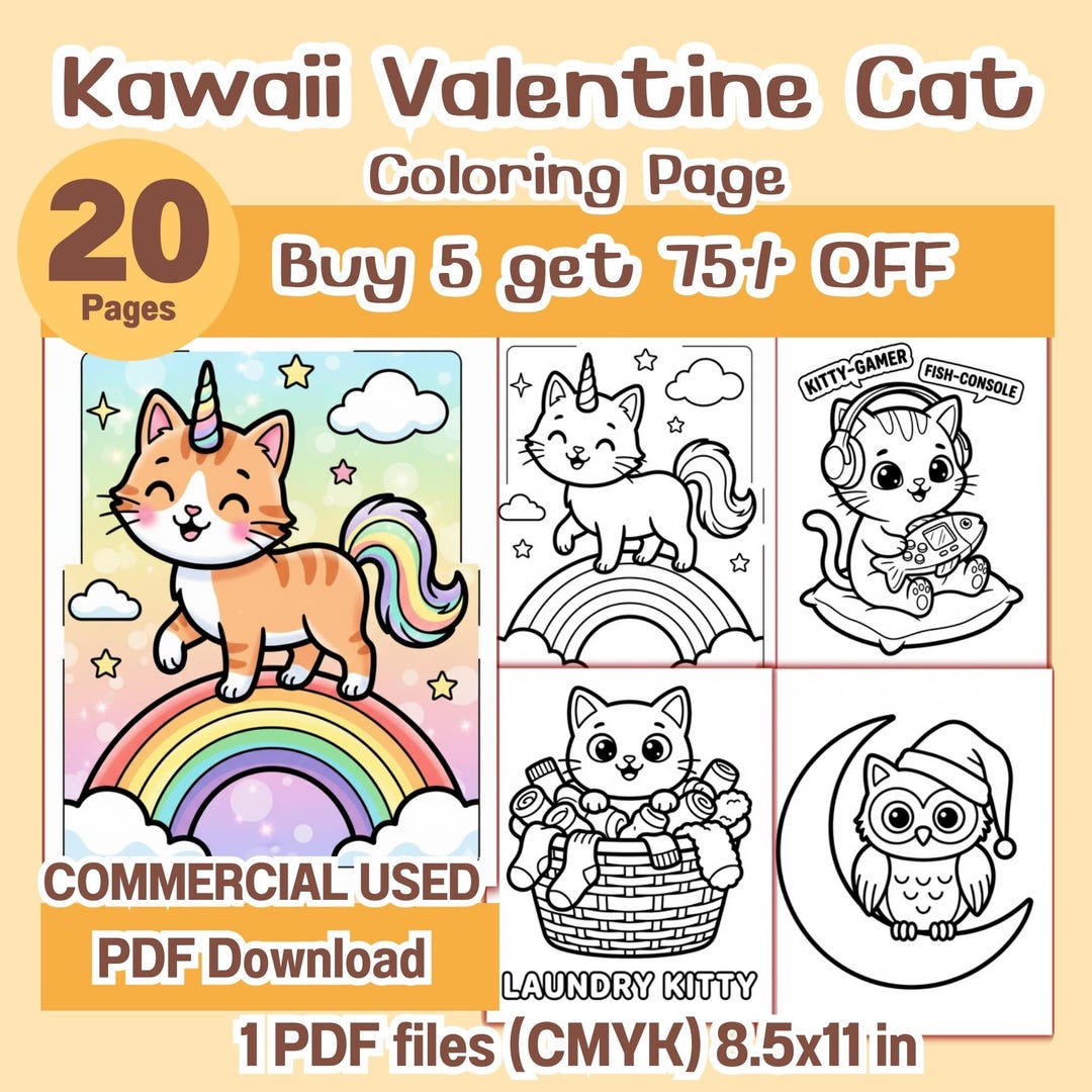 Kawaii Valentine Cat Coloring Pages Bundle | Cute Love Cats Coloring ...