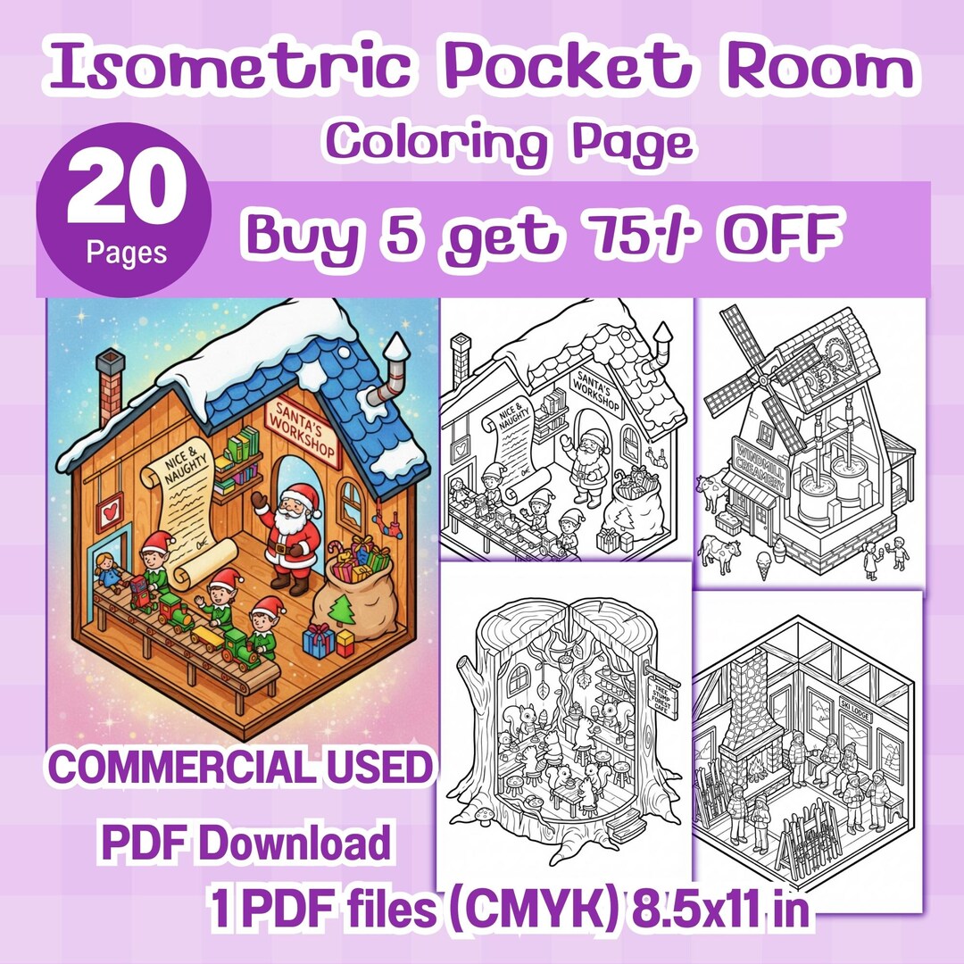Isometric Pocket Room Coloring Pages for Adults, Cozy Winter & Fantasy ...