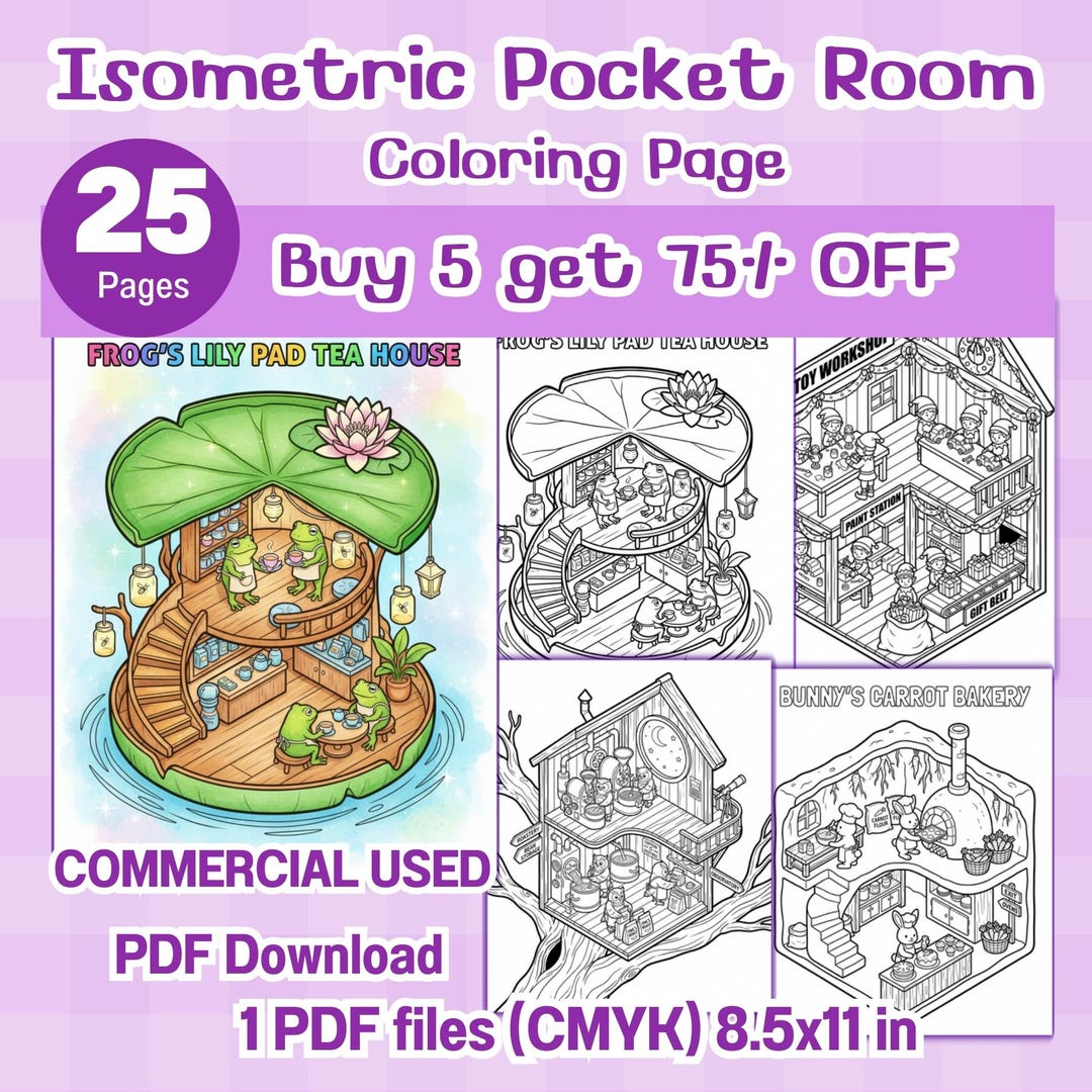 Isometric Pocket Room Coloring Pages for Adults, Whimsical Tiny Shops ...