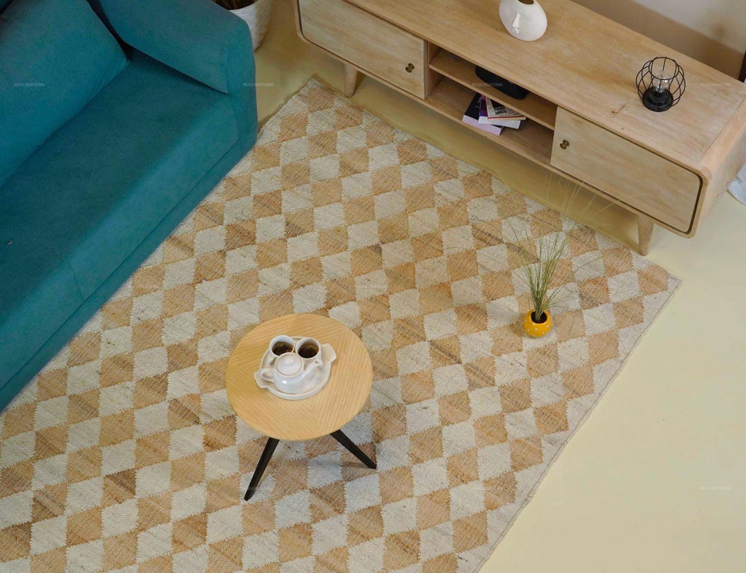 Hand Knotted Wool Carpet, Diamond Pattern Area Rug Beige Neutral Modern ...