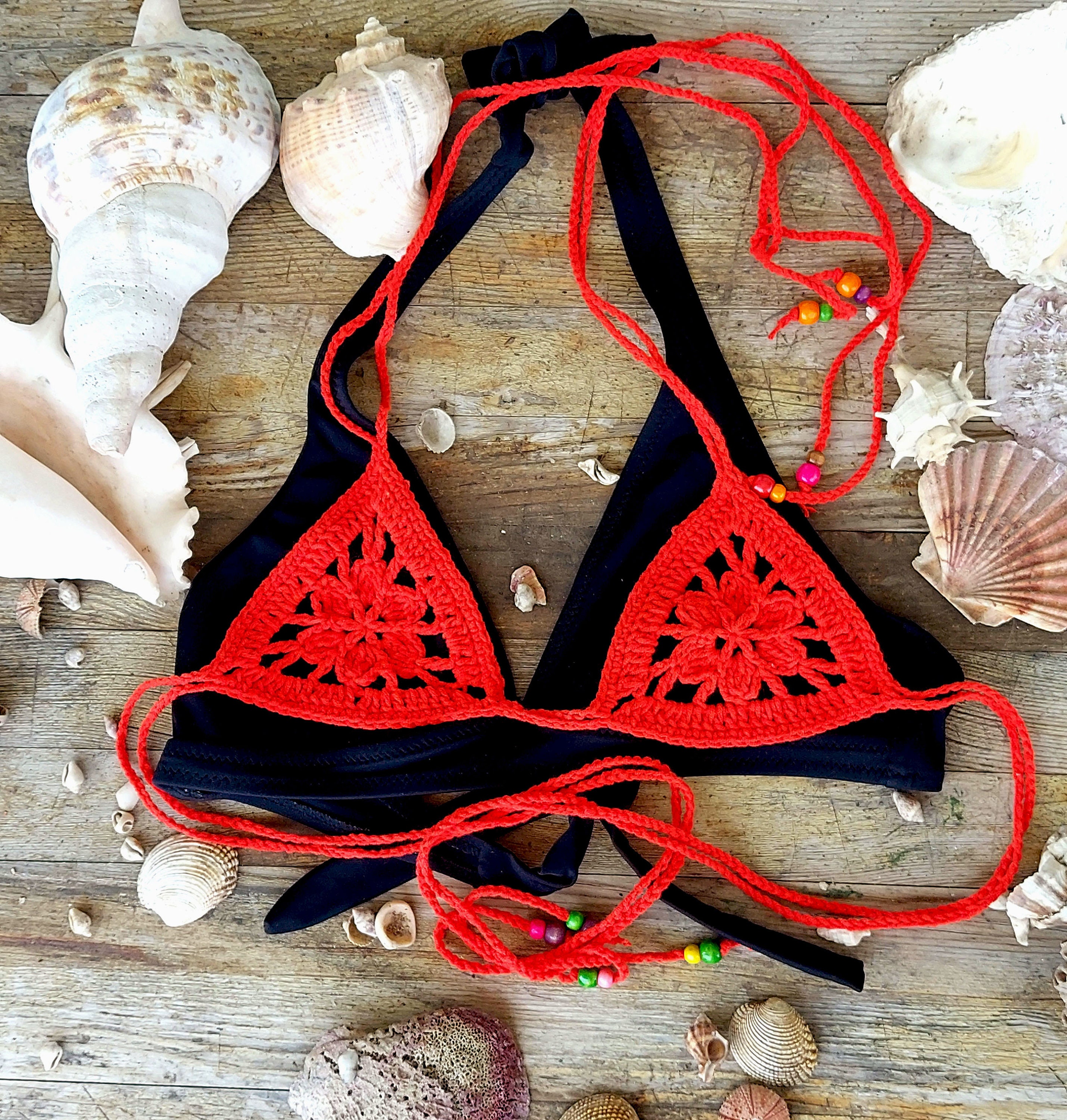 Red Crochet Bikini Tiny Bikini Set Mesh Knit See Through Bathing Suit Thong String Bikini