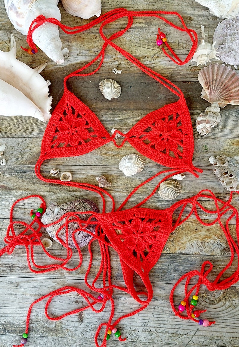 Red Crochet Bikini, Tiny Bikini Set, Mesh Knit See Through Bathing Suit ...