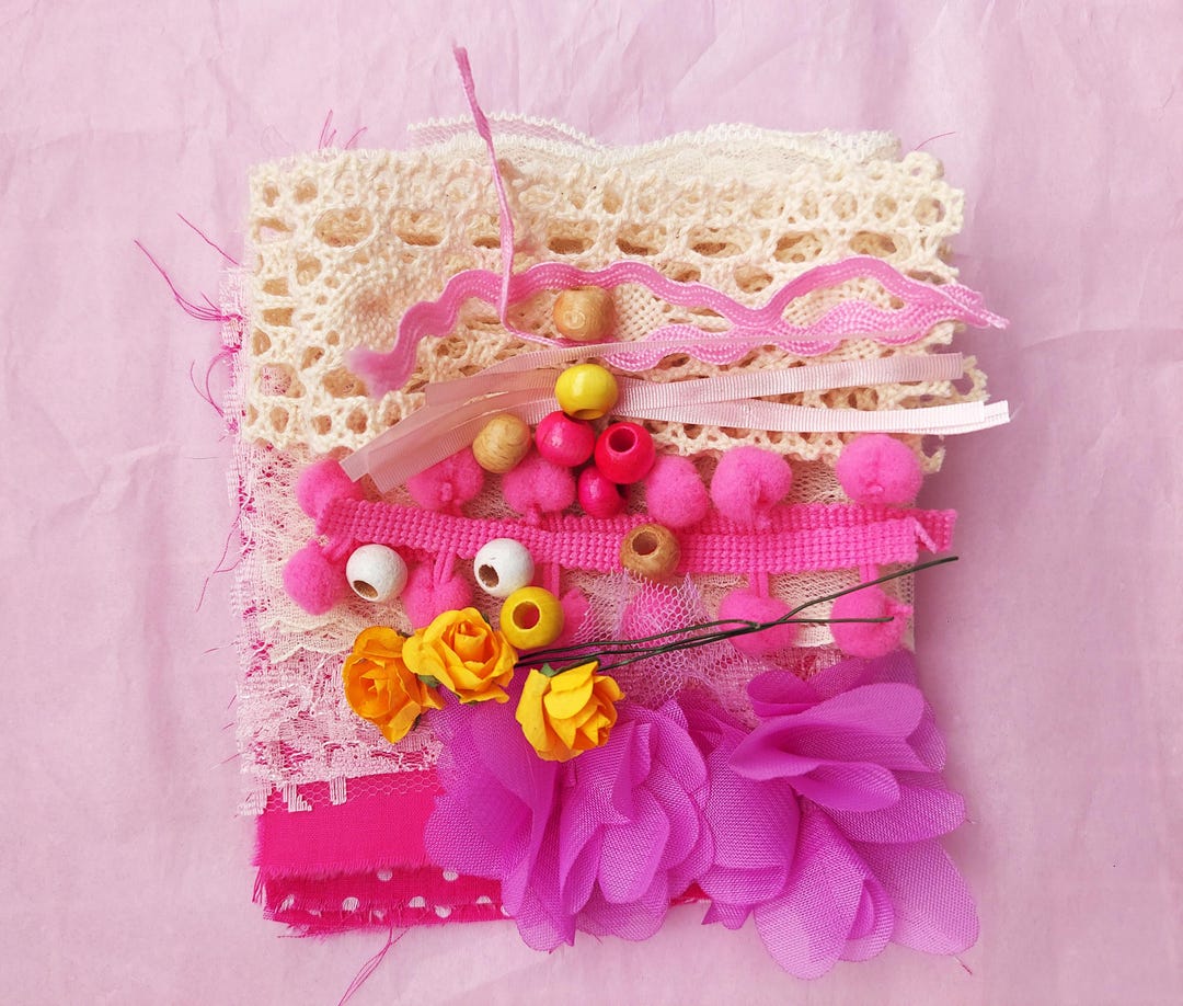 Pink Craft Kit, Fairycore Embellishment Pack, Lace & Fabric Bundle ...