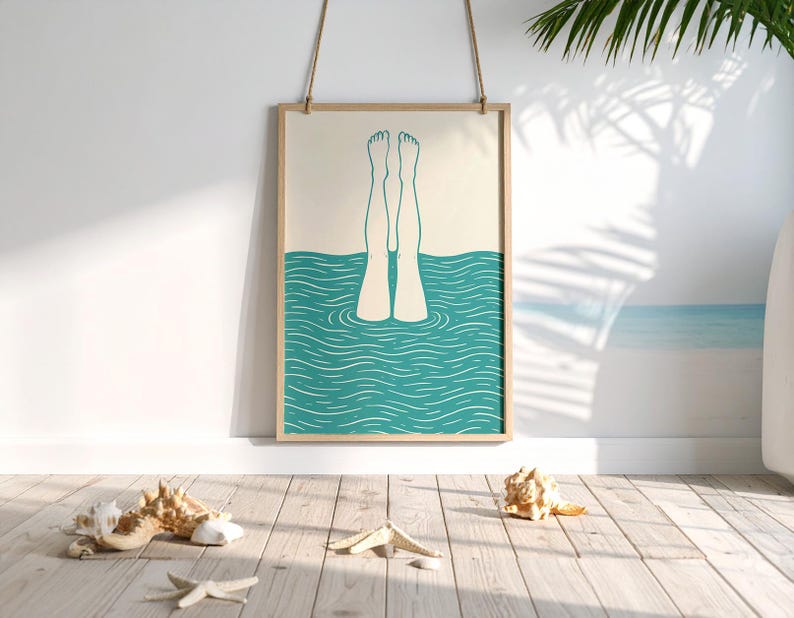 Freediving Swimmer Art Print | Minimalist Wild Swim Poster | Teal ...