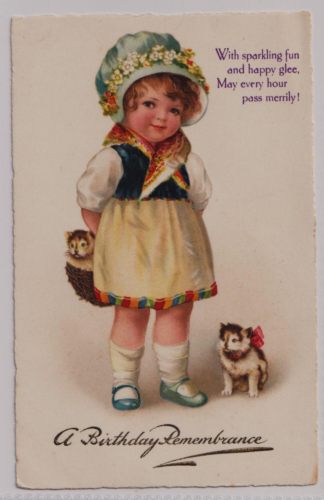 Vintage Artist Birthday Postcard: Girl and Kittens, Droopy Socks, Ellen ...