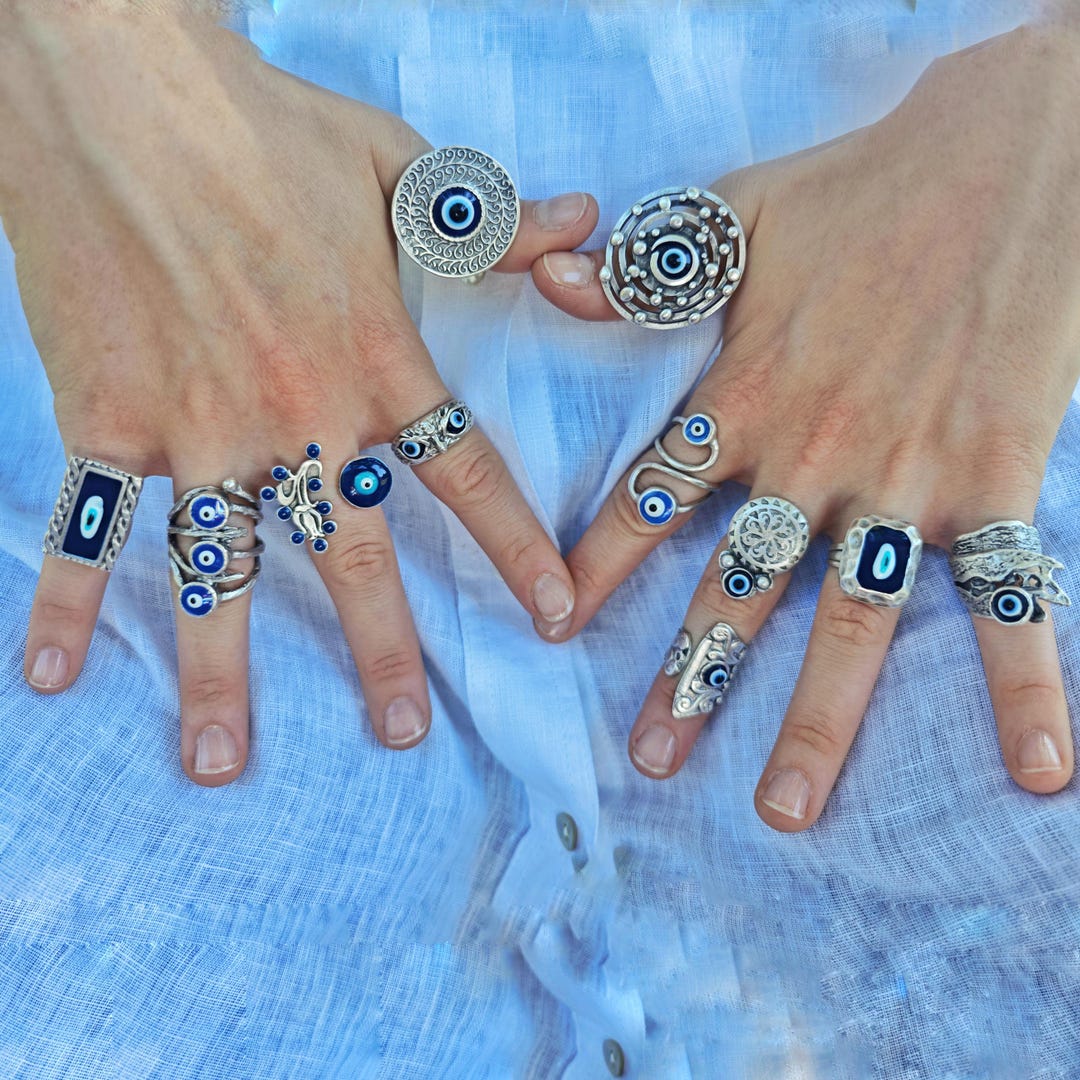 Evil Eye Adjustable Rings, Spiritual Protection Jewelry, Boho Vintage ...