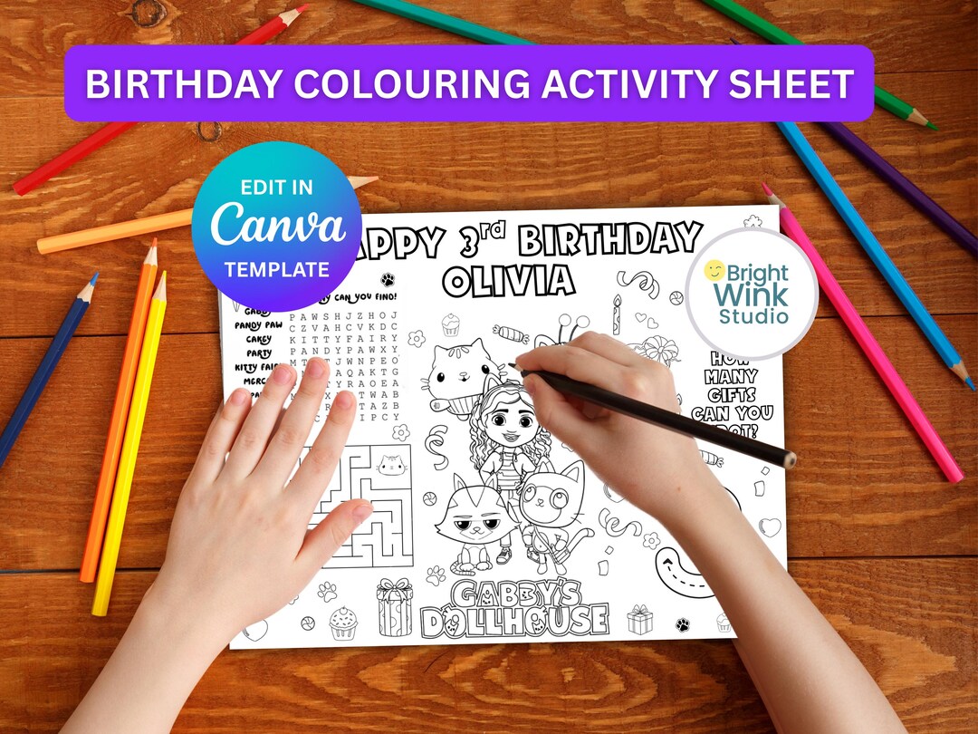 Kids Birthday Coloring Page, Printable Personalized Placemat, Kitty Cat ...