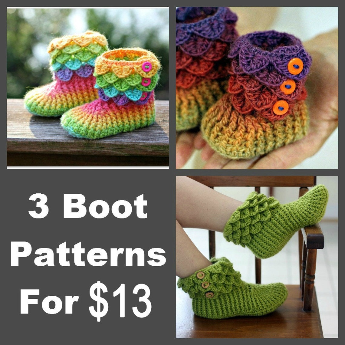 CROCHET PATTERN: Three Dragon Crocodile Boot Patterns | Etsy
