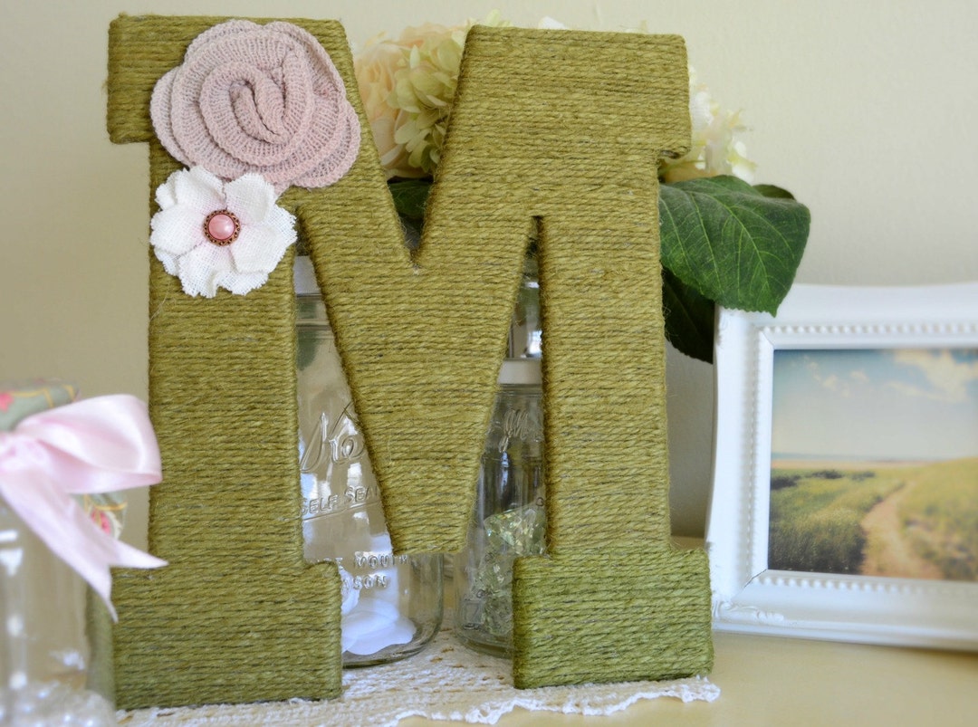 OLIVE GREEN Jute Wrapped Monogram Letter M Wreath RUSTIC Wedding Decor ...