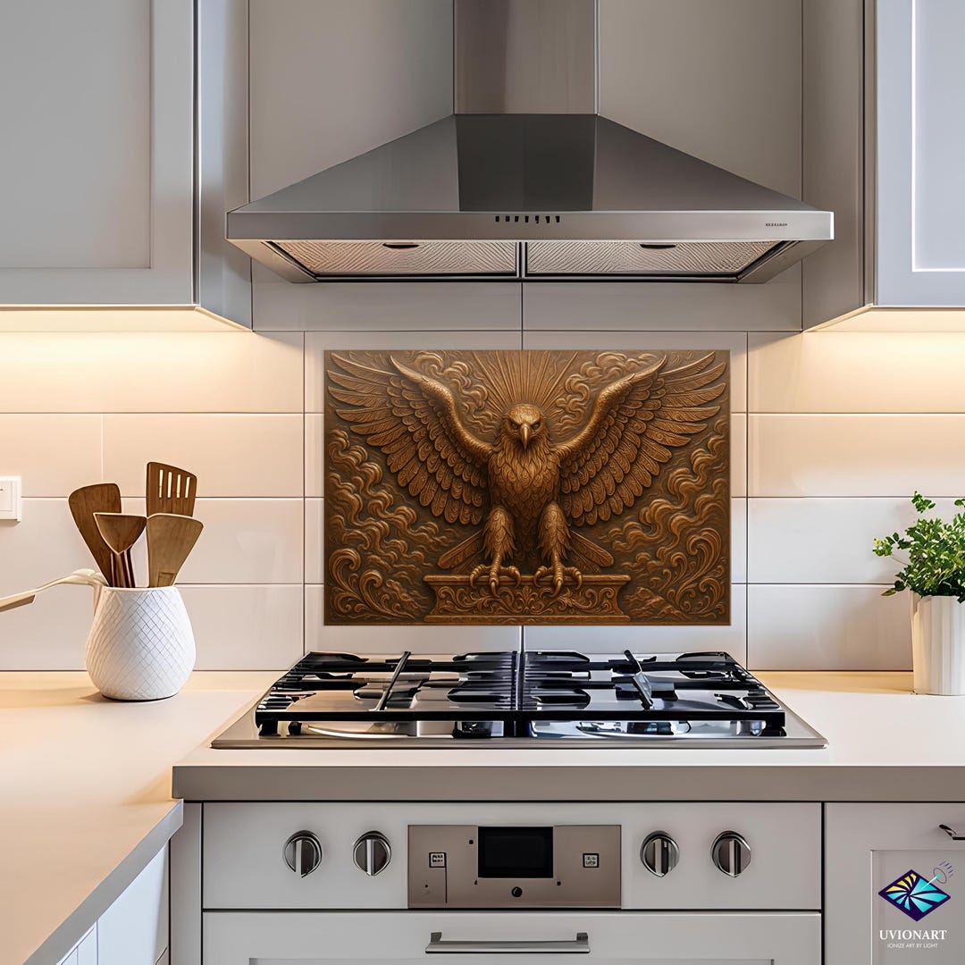 Majestic Eagle Glass Kitchen Backsplash: Embossed Golden Relief, Heat ...