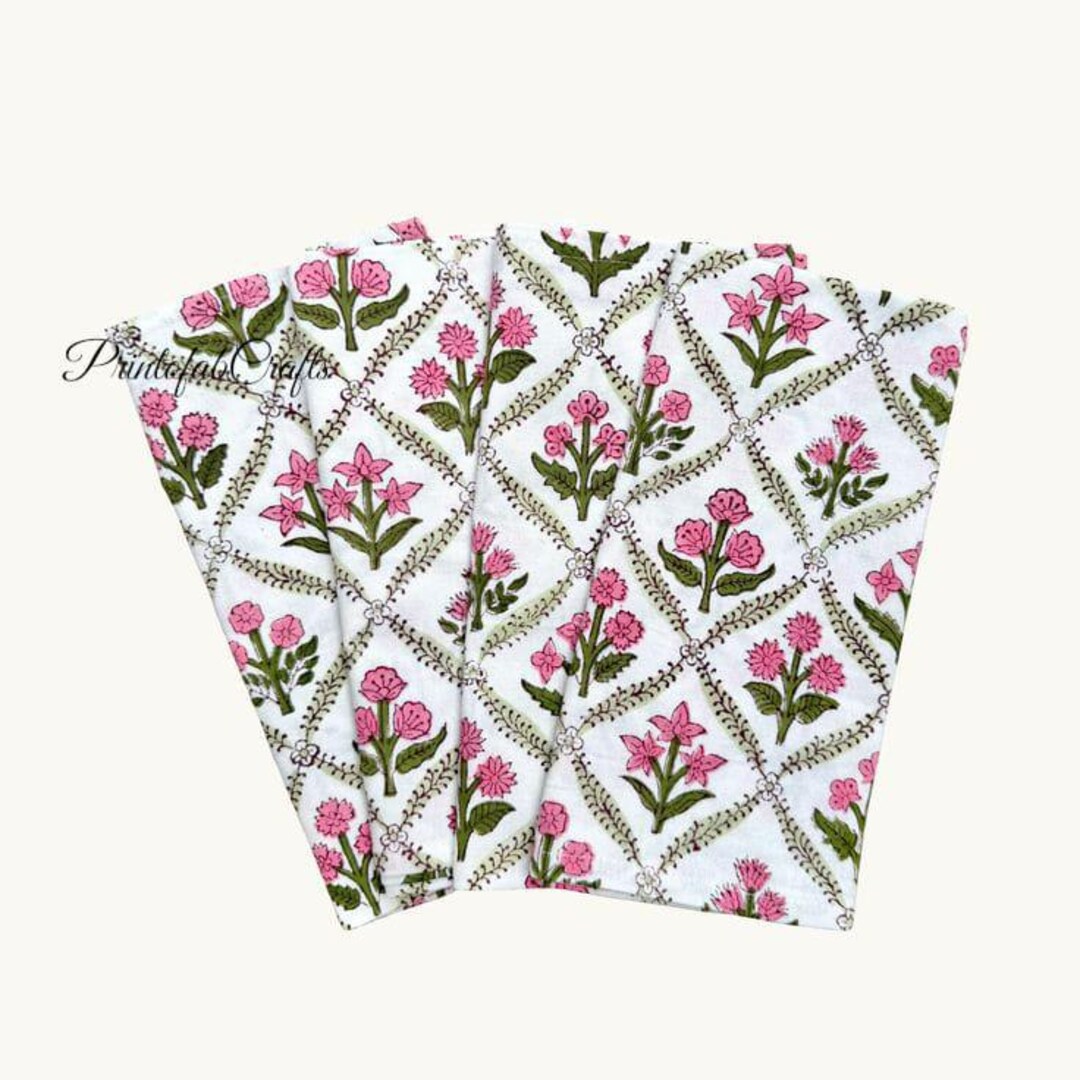 Pink Floral Block Print Cotton Napkins – Garden-inspired Reusable Table ...