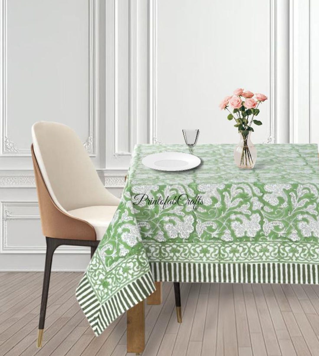 PF Luxury Hand Block Print Cotton Tablecloth – Green Floral Pattern ...