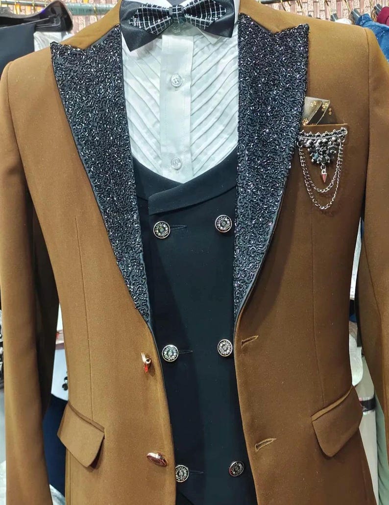 Luxury Men's Brown Three Piece Embroidered Suit | Formal & Festive Wear ...