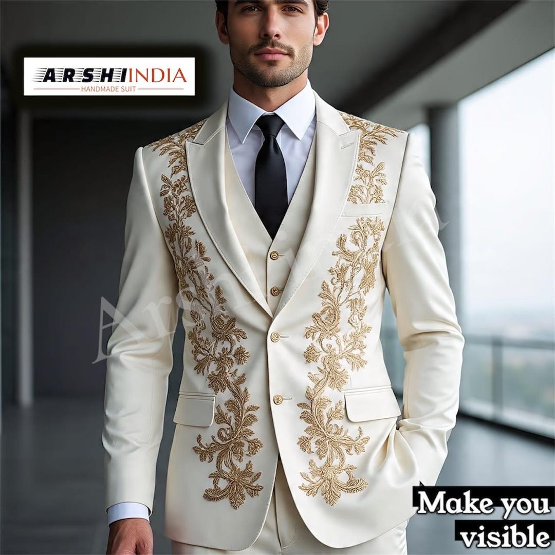Men White Embroidered Tuxedo 3 Piece Suit | Handmade Luxury Groom ...