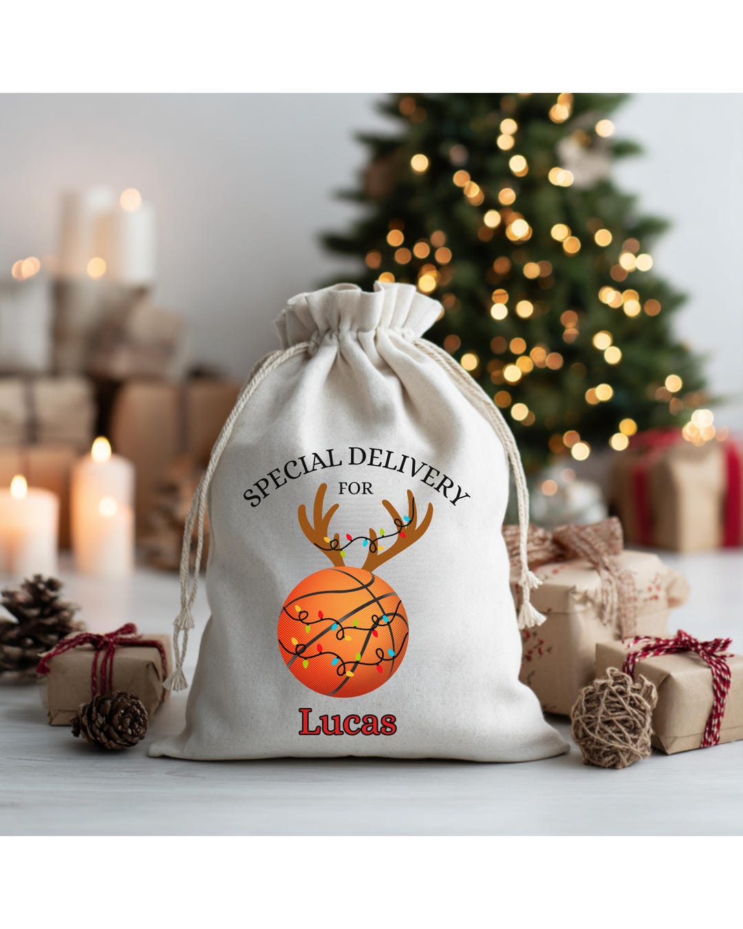 Personalized Basketball Christmas Gift Sack, Holiday Vibes Drawstring ...