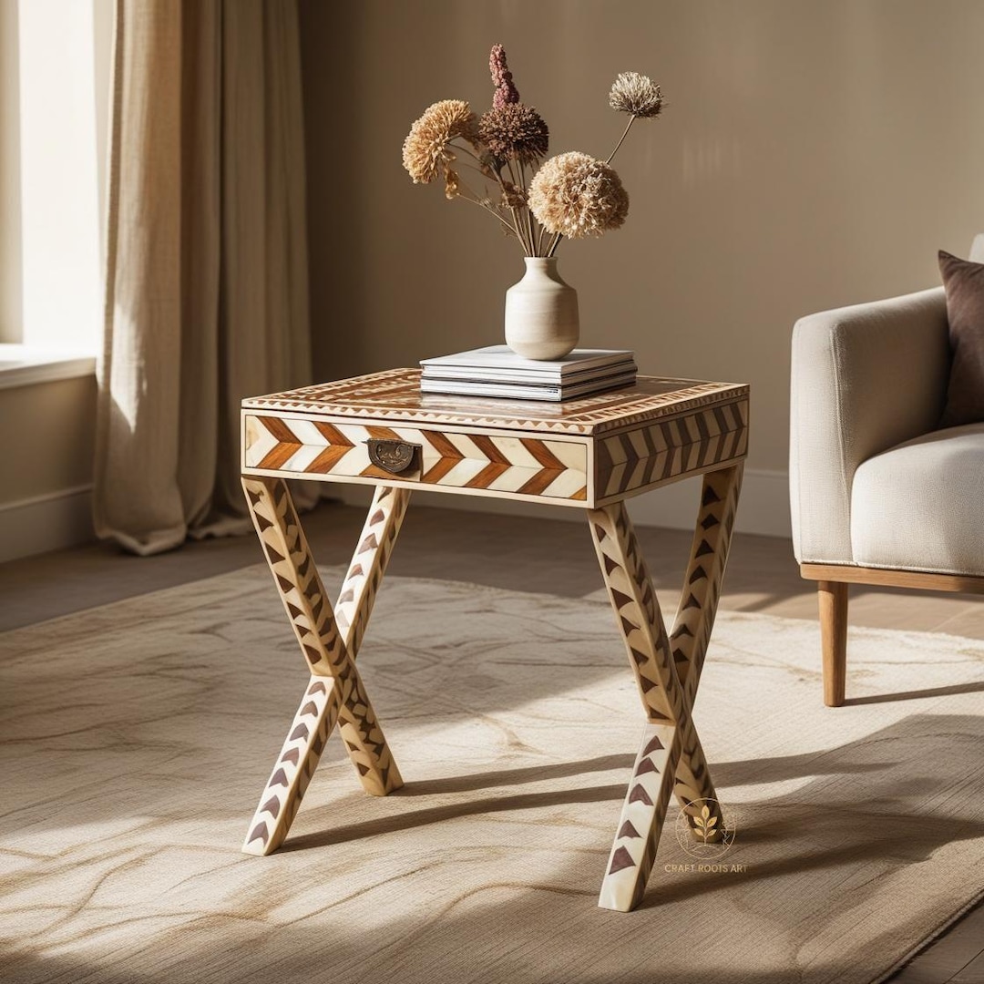 Vintage Bone Inlay Side Table, Handmade Chevron Inlay Furniture, Bone ...